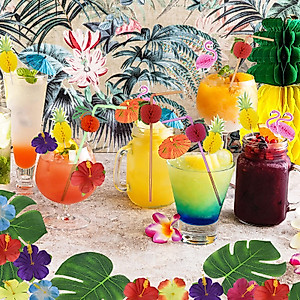 JOPHMO Tropical Luau Party Decoration Pack Hawaiian Beach Theme Party Favors Luau Party Supplies (112 PCS) including Banner, Table Skirt, Straws, Flamingo, Pineapple Décors.