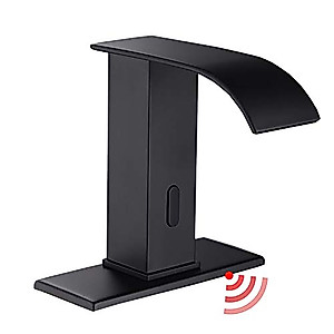 GGStudy Automatic Sensor Matte Black Touchless Bathroom Sink Faucet with Hole Cover Plate Vanity Faucets Hands Free Waterfall Bathroom Water Tap with Control Box and Temperature Mixer