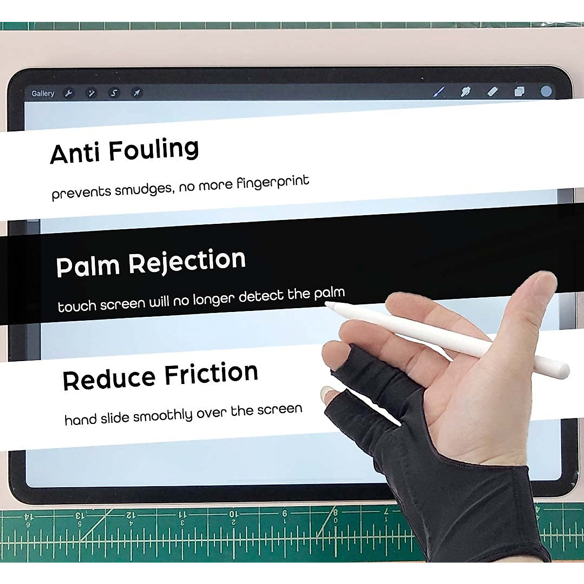 AKX Artist Glove XSmall - 2 Pack Palm Rejection Drawing Glove for Graphic Tablet, iPad - Smudge Guard, 2 Finger, Elastic Lycra, Fingerless Glove, Good for Left and Right Hand, Black | AK-020