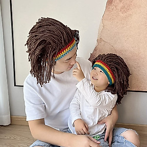 Men Knit Hat with Hair Boys Funny Handmade Knitting Winter Hat Beanie Rasta Hat with Dreadlocks (B-Brown)