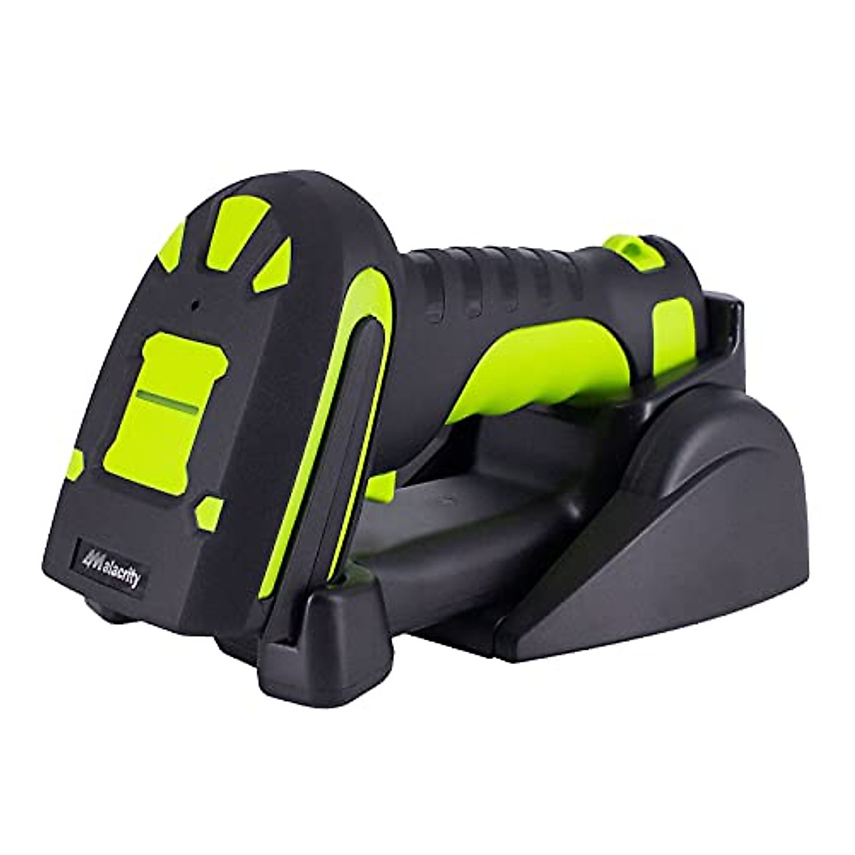 Alacrity Upgraded 2D Industrial Barcode Scanner with Wireless Charging Stand, 1968 Feet Transmission Distance 433Mhz Wireless & Bluetooth 2in1 Barcode Reader, Shock Dust Proof Hands Free