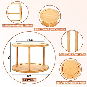 2 Pcs 2 Tier Bamboo Lazy Susan Turntable for Cabinet 360 Degree Spinning Spice Rack Organizer for Cabinet Round Tiered Lazy Susan Organizer Rotating Tray for Kitchen Bathroom Table Storage, 10 Inch