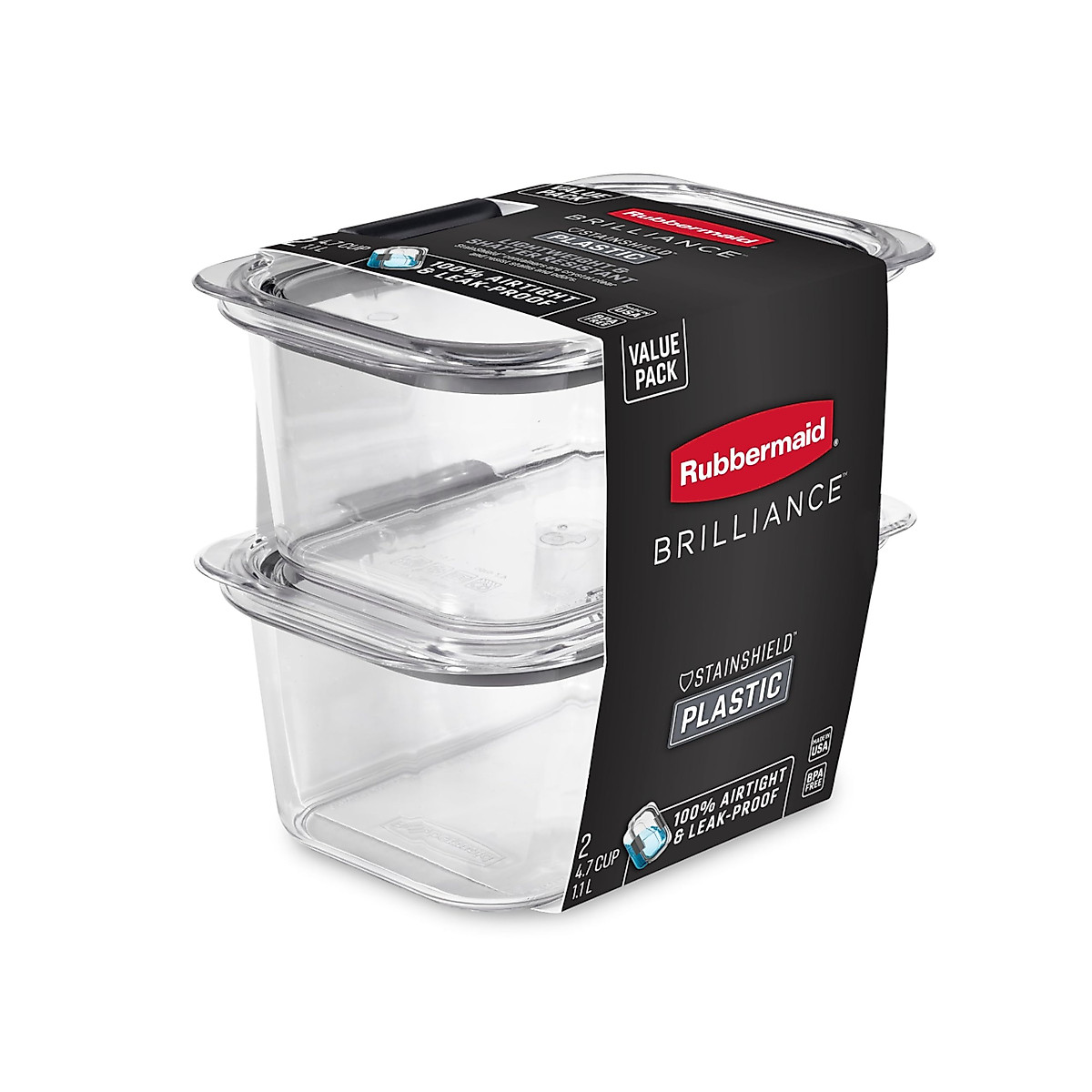 Rubbermaid 2-Piece Brilliance Food Storage Containers with Lids for Lunch, Meal Prep, and Leftovers, Dishwasher Safe, 4.7-Cup, Clear/Grey