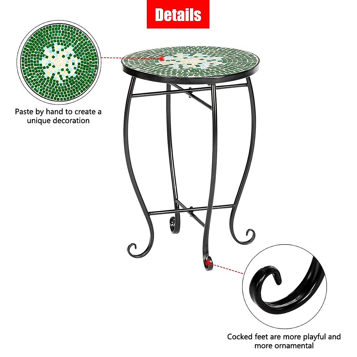 Outdoor Side Table, Metal Coffee End Table, Mosaic Accent Table, Small Terrace Bistro Table, Plant Stand for Patio Porch Beach Balcony, Glass Top & Black Iron, 14 Inch (Green Flowers)