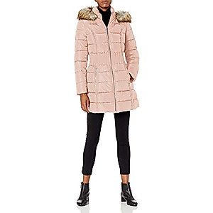 LAUNDRY BY SHELLI SEGAL Women's 3/4 Puffer Jacket with Zig Zag Cinched Waist and Faux Fur Trim Hood, Dusty Pink, Medium