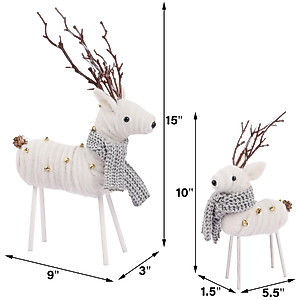 winemana 2 Pcs Plush Fabric White Figurines Reindeer with Scarf Bells Christmas Table Ornaments, Tabletop Standing Deer Christmas Decorations for Home Kitchen Centerpieces Xmas Winter Holiday Party