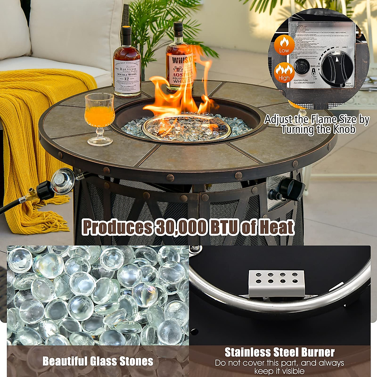 Giantex 32" Propane Fire Pit, 30,000 BTU Round Outdoor Fire Pit Table with Lid, PVC Cover, Glass Stones, CSA Approved, 2-in-1 Ignition Gas Fire Table for Outside Patio Garden Backyard Deck, Black