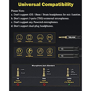 SOLMIMI Headphone Splitter 3.5mm TRRS Stereo Audio Y Splitter Braided 4-Pole Male to 2-Female Dual Headphone Jack Splitter Adapter for Headset PC Smartphone Xbox PS4 & More - Matte Black(1ft-30cm)