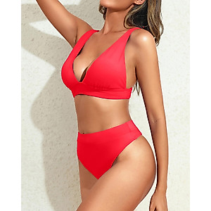 Yonique High Waisted Thong Bikini Set Two Piece Swimsuit High Cut Bikini V Neck Bathing Suit Red M