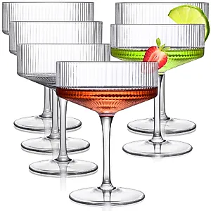 LUXULISH Ribbed Coupe Glasses Set of 6, Crystal Handmade Vintage Martini & Cocktail Glasses, Perfect for Dessert, Cocktail, Wine, Champagne & Gift - 10Oz