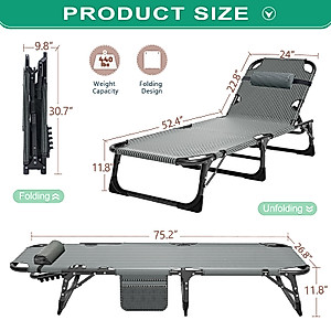 Barbella Folding Camping Cots Sleeping Cots for Adults, Adjustable 4-Position Folding Chaise Outdoor Patio Lounge Chairs, Portable Folding Bed Reclining Chair for Camping Pool Beach Patio Sun Tanning