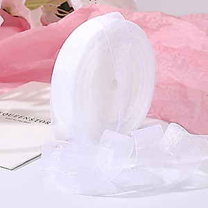 MUWOOB 1 inch White Organza Ribbon, 50 Yard Sheer Chiffon Ribbon for Gift Wrapping, Transparent Wired Tulle Ribbon for Holiday Presents, Birthday Cards, Wedding Party Decoration, Hair Bows Making