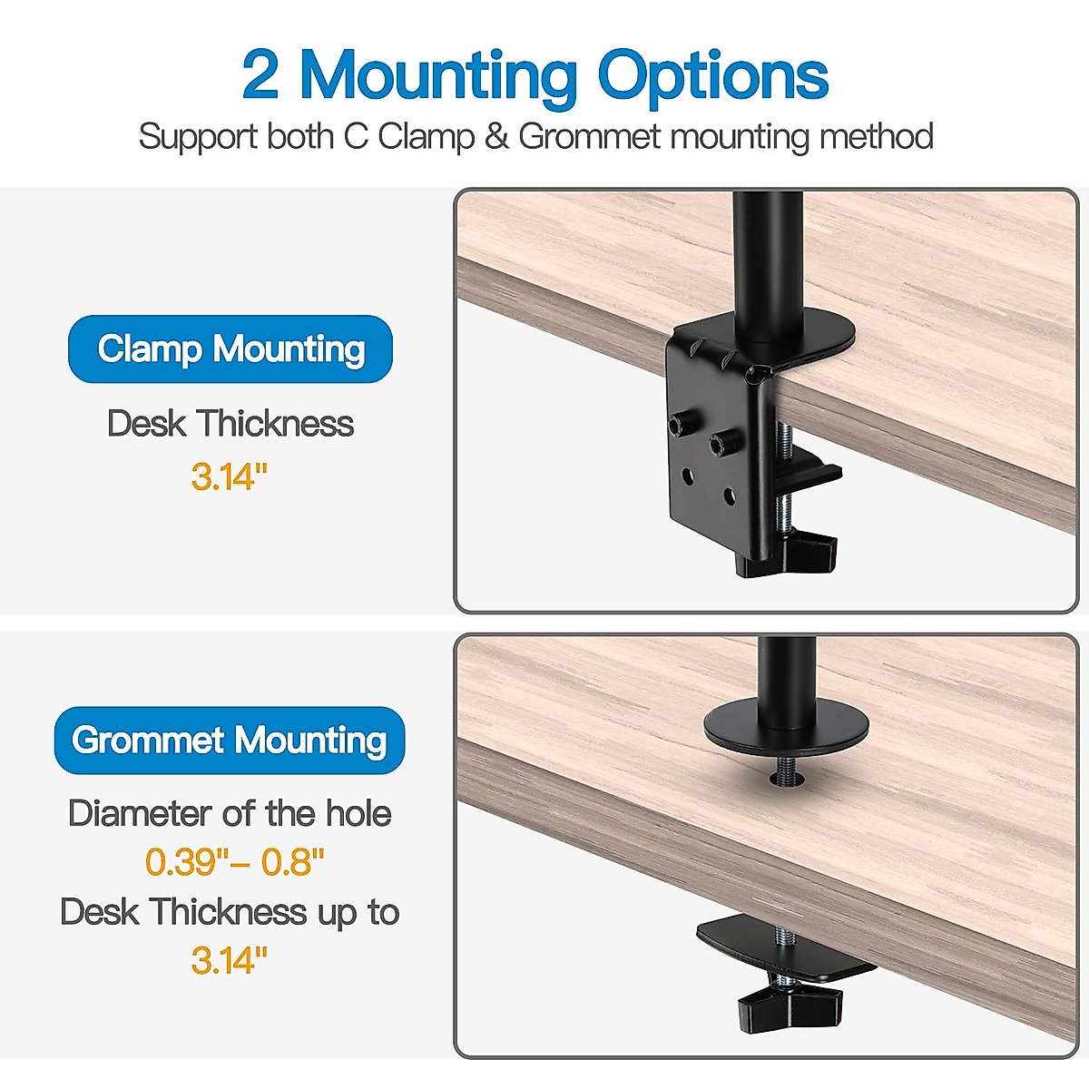 HUANUO Vertical Dual Monitor Mount, Stacked Monitor Stand for 2 Monitors with Height Adjustment Computer Monitor Arm Supports Two 17 to 32 Inch with C Clamp Each Monitor Desk Mount Hold up to 17.6lbs
