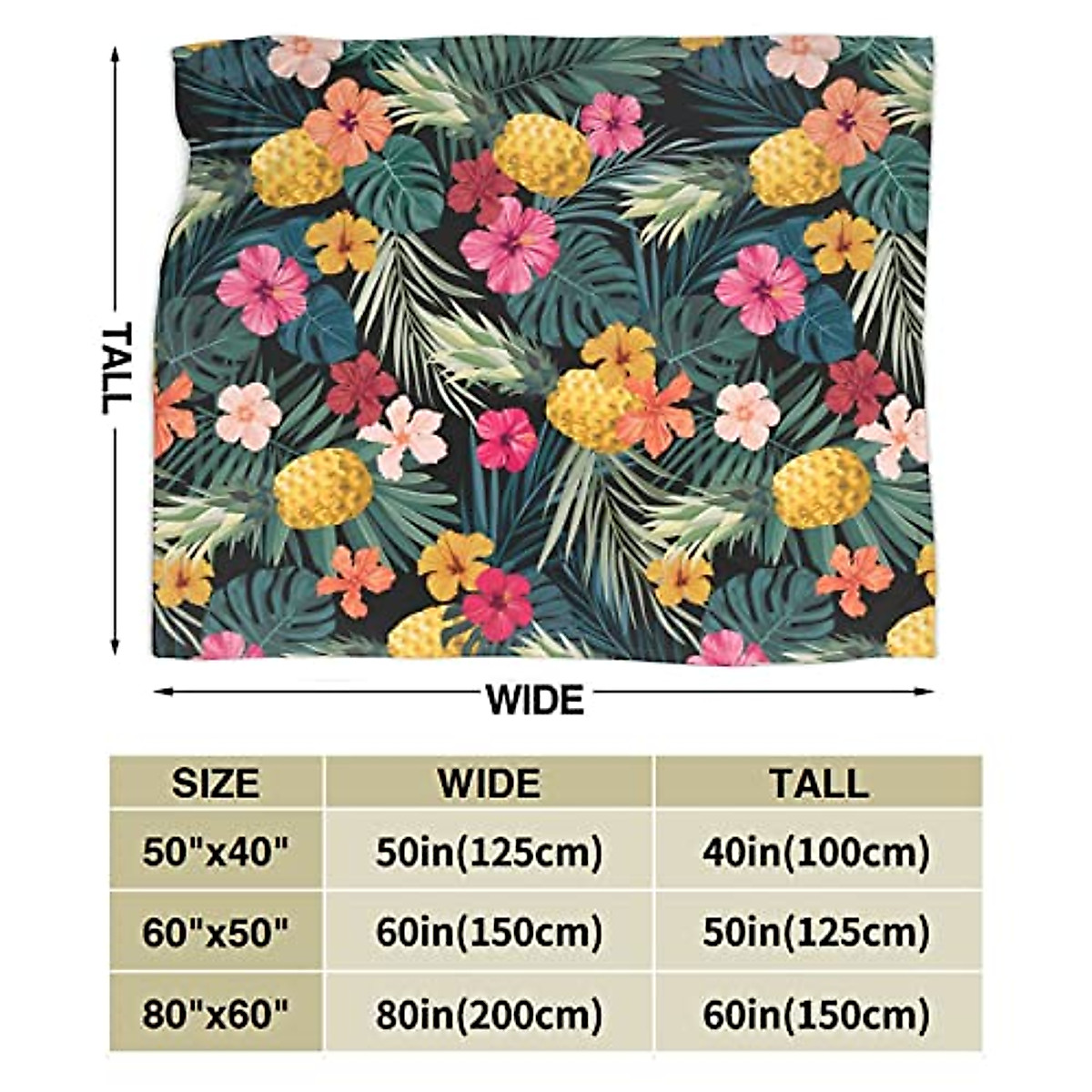 Perinsto Palm Leaves Hibiscus Flowers Hawaii Throw Blanket Ultra Soft Warm All Season Tropical Pineapples Fruit Decorative Fleece Blankets for Bed Chair Car Sofa Couch Bedroom 50"X40"