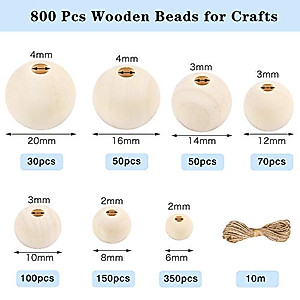 UOONY 800pcs Wooden Beads for Crafts 7 Sizes Unfinished Natural Wood Beads Wooden Beads Bulk 6mm, 8mm, 10mm, 12mm, 14mm, 16mm, 20mm Beads for Garland Macrame Jewelry Making DIY Farmhouse Decor