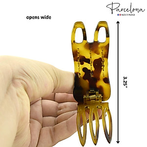Parcelona French Simply Bear Paw Medium 3” Celluloid Acetate Side Slide In Jaw Yoga Fine Hair Claw Clip for Women and Girls (Light Tortoise Shell)