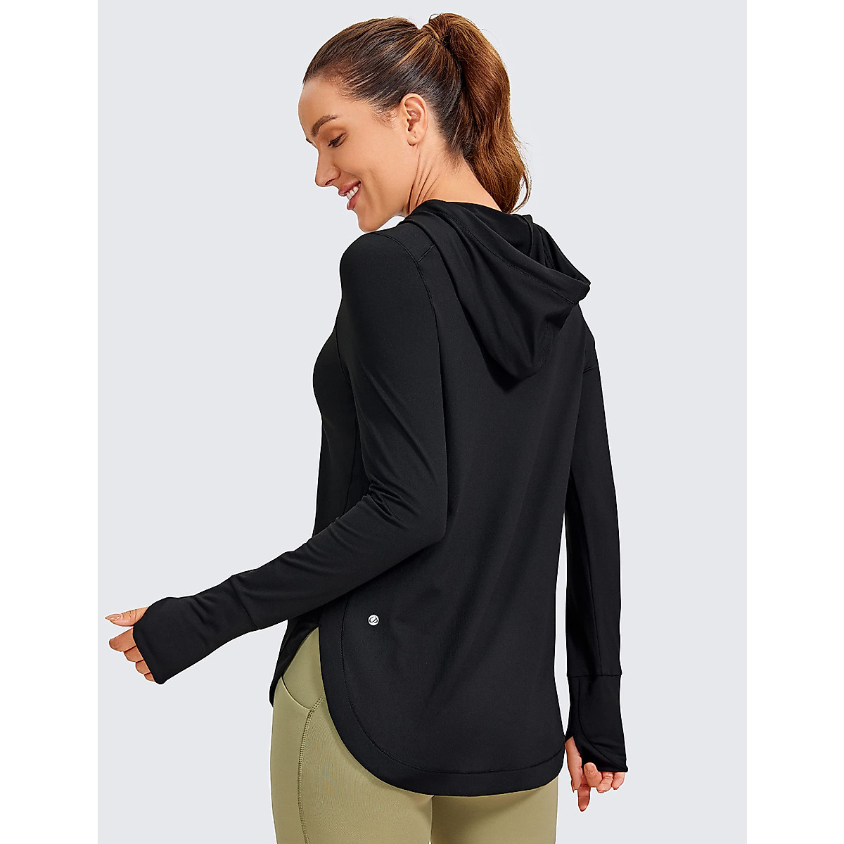 CRZ YOGA Workout Long Sleeve Shirt for Women Hoodie Pullover Athletic Hooded Long Sleeves Sports Gym Tops with Thumbhole Black Small