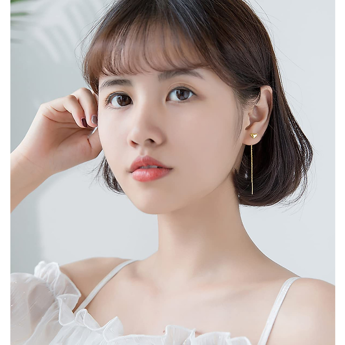 Reffeer 925 Sterling Silver Tiny Cute Heart Dangle Earrings Chain for Women Teens Heart Threader Earrings Tassel (B-Gold)