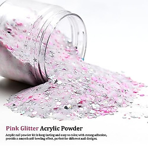 Molisaka Pink Acrylic Powder, Mixed Holographic Sequins Glitter Acrylic Nail Powder, Professional Colored Sparkle Nail Dip Powder for Nail Extension, Carving and French Manicure, No UV Light Needed…