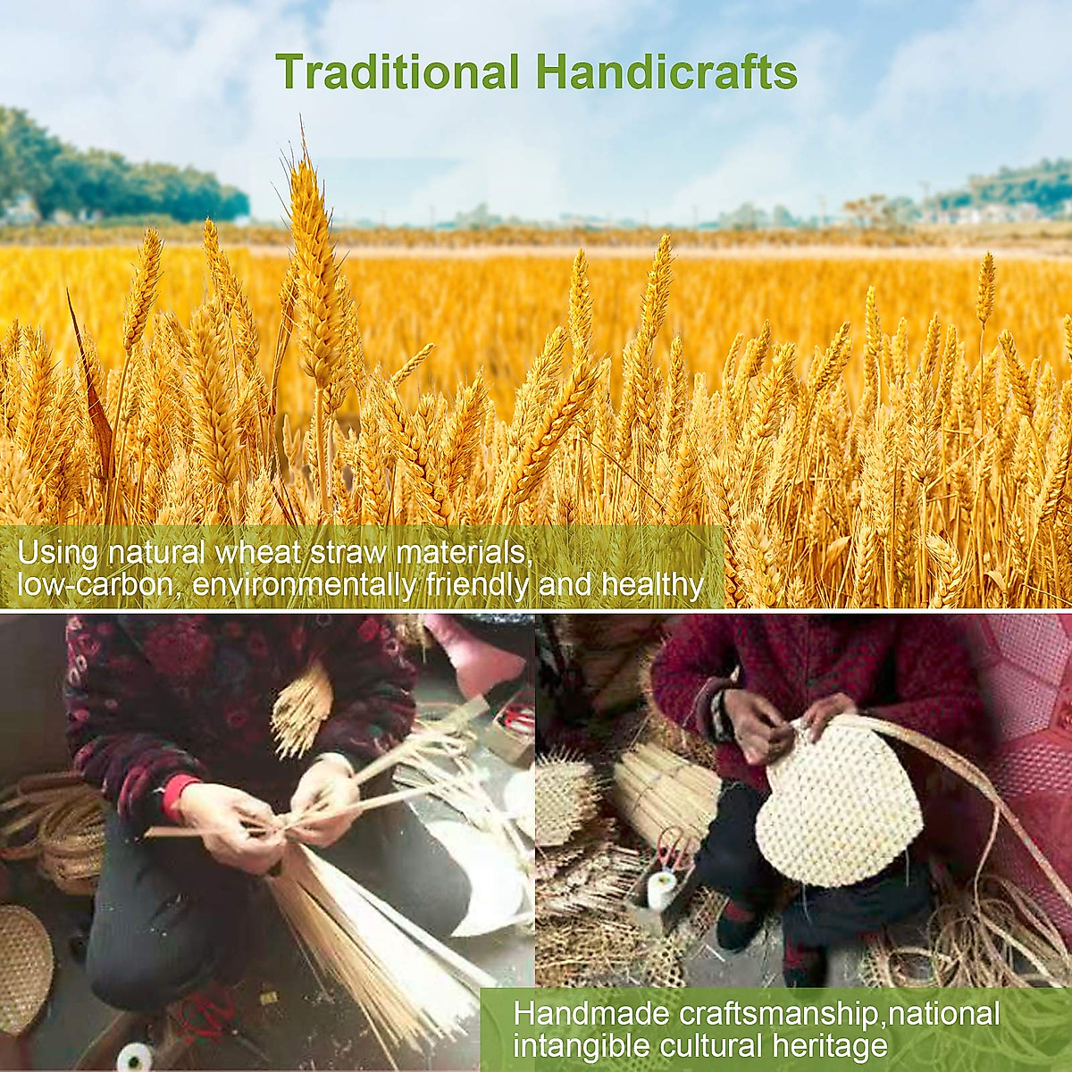 Kailinst Hand Woven Fan,Folding Hand Fan,Wheat Straw Hand Fan,Manual Fan,Hand Fans Women Foldable,Suitable for Summer,Barbecue,Decoration(7.7" Plantain Fan)