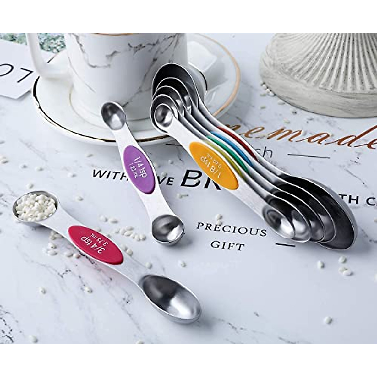 Magnetic Measuring Spoons Set of 7 Stainless Steel Stackable Dual Sided Teaspoon Tablespoon for Measuring Dry and Liquid Ingredients, Fits in Spice Jar
