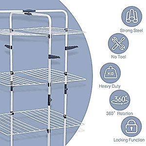 TOOLF Clothes Drying Rack, 3-Tier Collapsible Laundry Rack Stand Garment Drying Station with Wheels and 4 Hooks, Indoor-Outdoor Use, for for Bed Linen, Clothing, Socks, Scarves