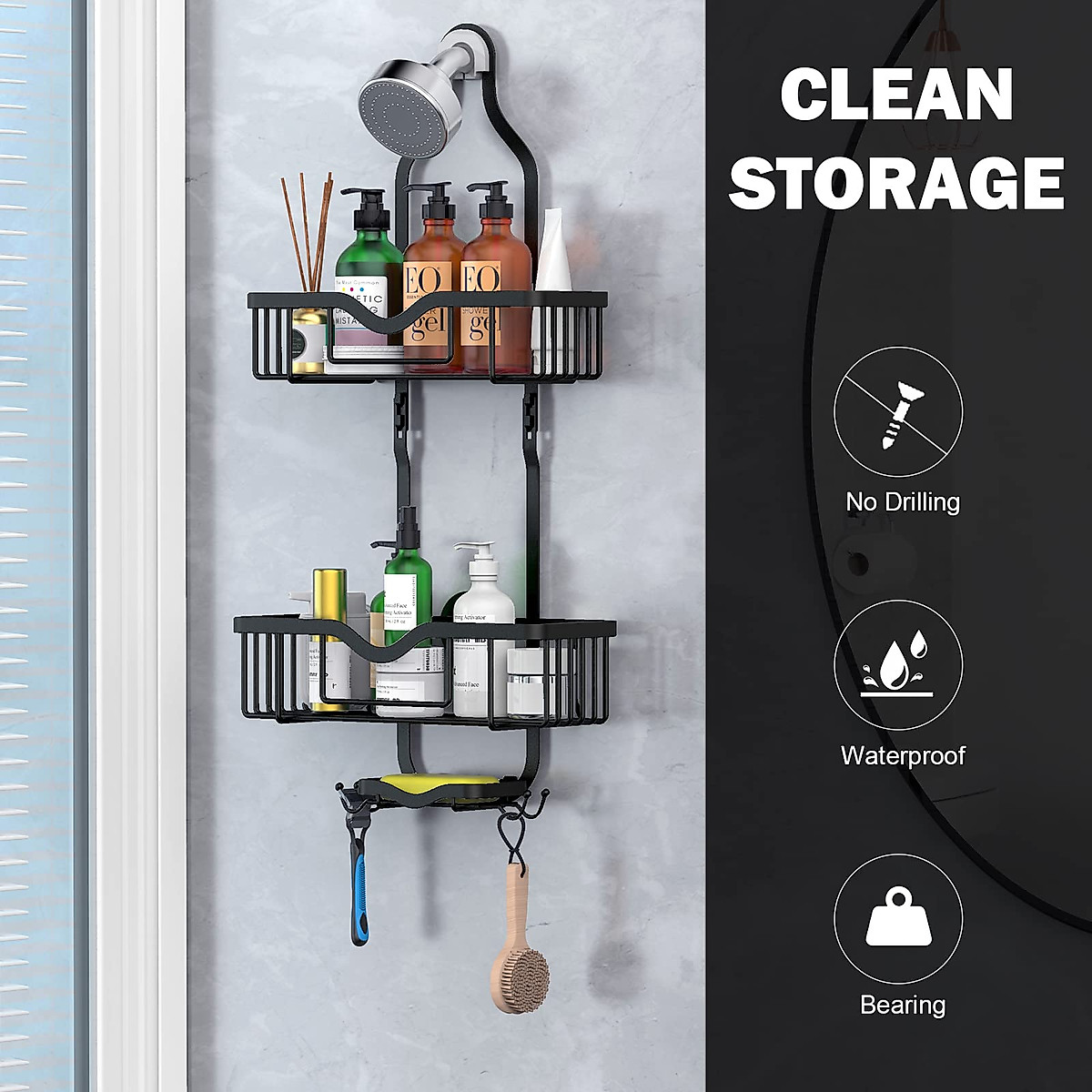 Kerisgo Shower Caddy, 3-Tier Hanging Organizer Rack (Black), Maximizes Storage for Bath Essentials