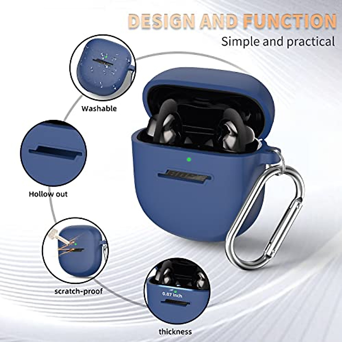 Bose QuietComfort Earbuds II Case(2022), WOFRO Silicone Protective Skin Cover for New Bose QuietComfort Earbuds 2 Accessories with Carabiner (Blue)