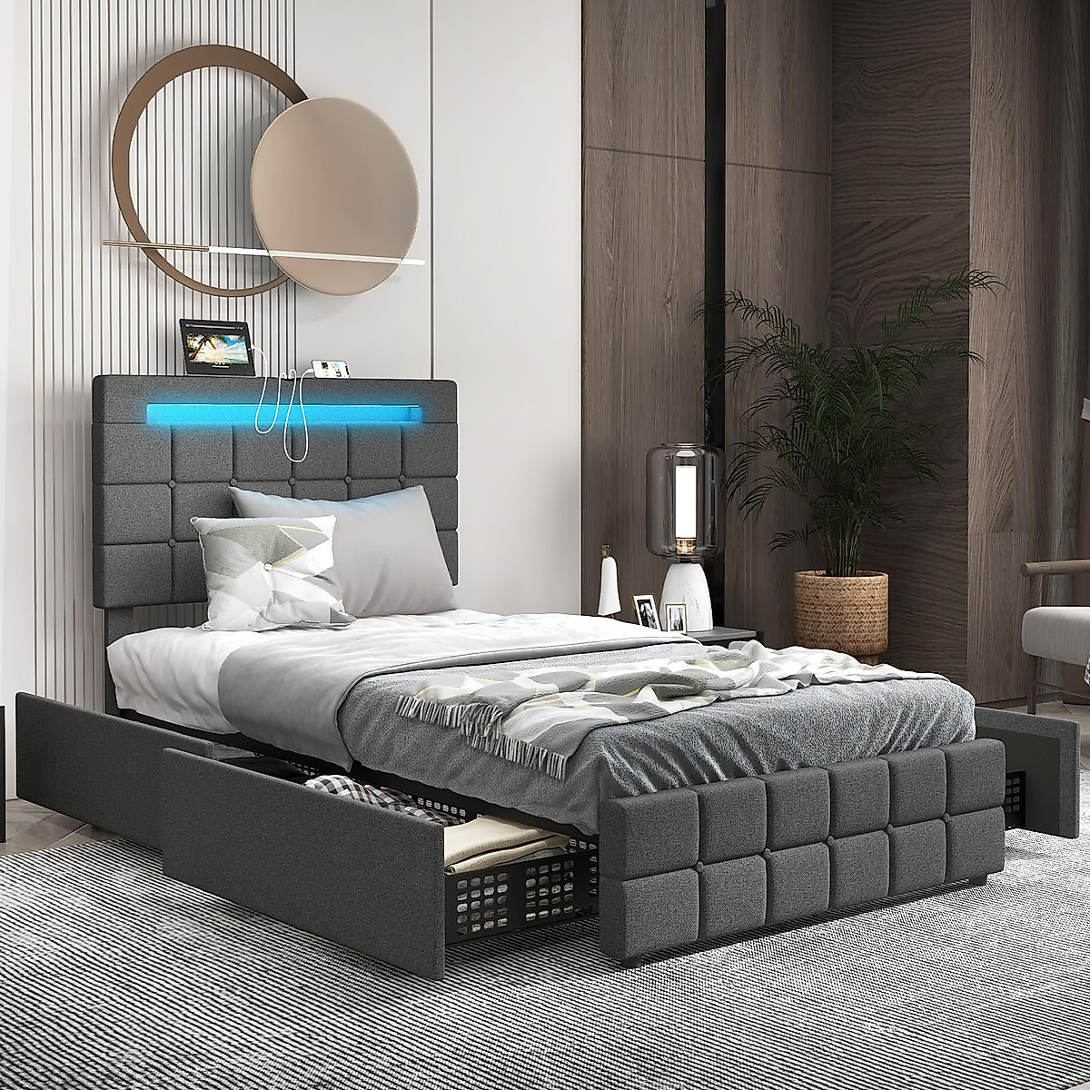 KOMFOTT Twin Bed Frame with Charging Station & LED Lights, Upholstered Platform Bed Frame with Adjustable Headboard & 4 Storage Drawers, Solid Wooden Slats Support, No Box Spring Needed, Noise Free