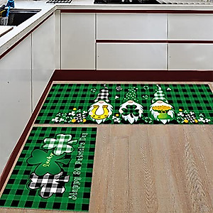 Arts Print Shamrocks Kitchen Rug Mat Set of 2,St.Patrick's Day Gnomes Buffalo Plaid Runner Rug,Non-Slip Durable Kitchen Floor Mat for Sink,15.7x23.6Inch+15.7x47.2Inch