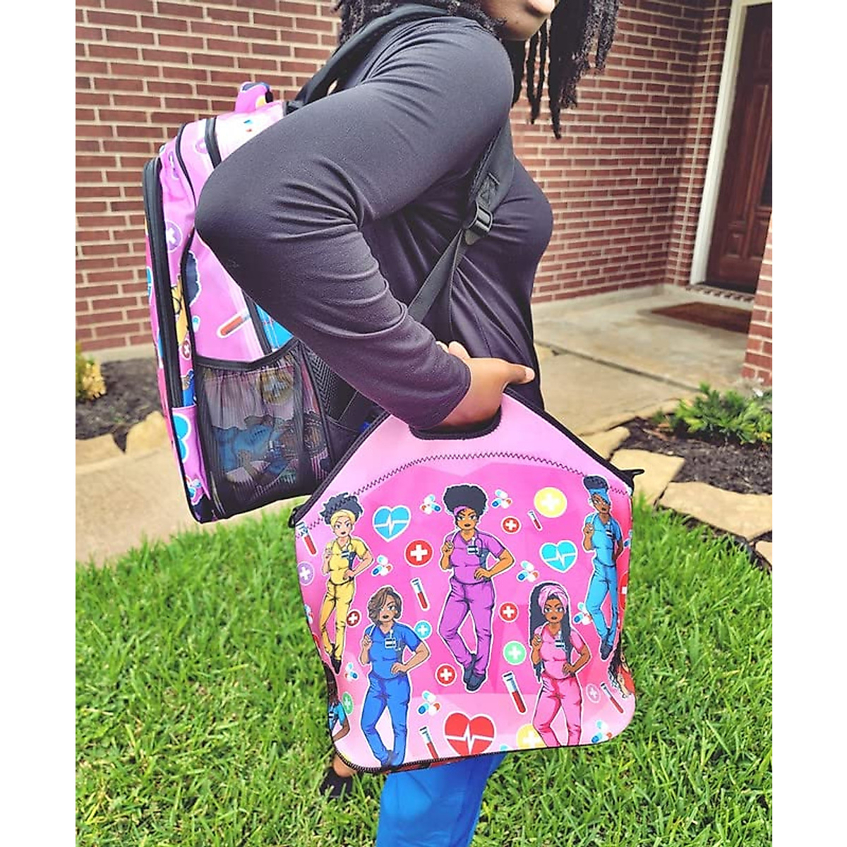 Reflections By Zana Large Pink Afro African American Women Neoprene Lunch Tote with Adjustable Shoulder Strap