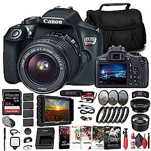 Canon EOS Rebel T6 DSLR Camera with 18-55mm Lens (1159C003) + 4K Monitor + Rode VideoMic + 64GB Card + Color Filter Kit + Filter Kit + Charger + 3 x LPE10 Battery + Wide Angle Lens + More (Renewed)