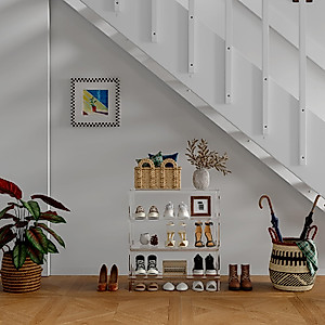 Aquiver 4-Tier Acrylic Shoe Rack - Shoe Rack Organizer - Modern Shoe Storage Shelf, Holds 12-16 Pairs of Shoes for Entryway, Closet - 25.6'' L x 11.8'' W x 28.3'' H, Clear, Easy Assembly & Clean