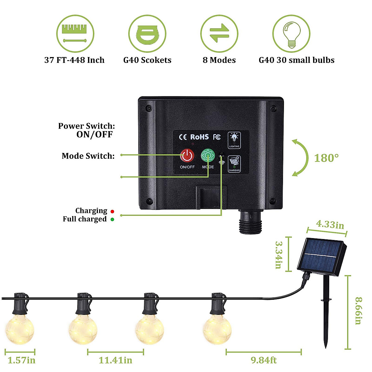 UC Outdoor String Lights, 30Pcs G40 Bulbs Globe Solar String Lights Waterproof Patio Decorative String Lights Outdoor with Remote for Backyard Garden Cafe Bistro Wedding Party,Warm White