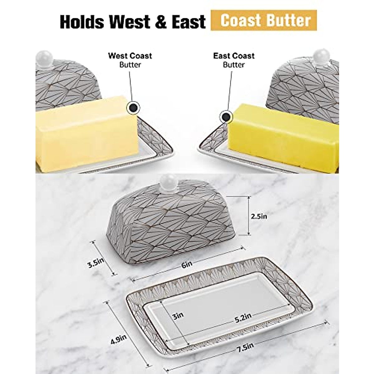 Porcelain Butter Dish With Lid, MEKY Butter Keeper With Handle Cover, Ceramic Butter Holder Container for Storing 1 Western Or Eastern Butter Stick