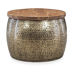 Powell Hammered Gold Drum with Natural Wood Lift Top for Storage Janice Table