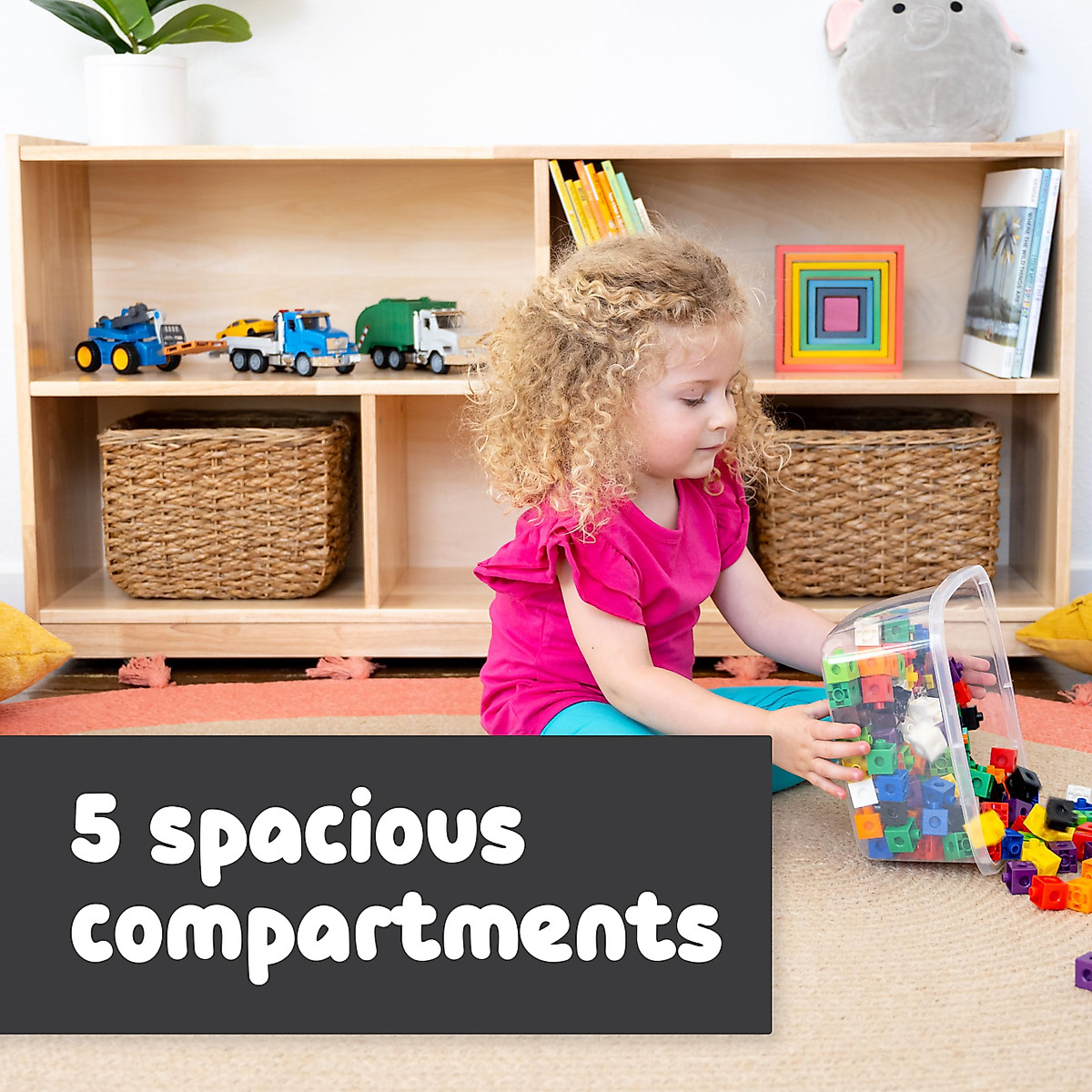 SPARK & WOW 5-Compartment Solid Wood Storage Cabinet - Toy Shelf Organizer - Shelves for Classroom - Includes Optional Wheels