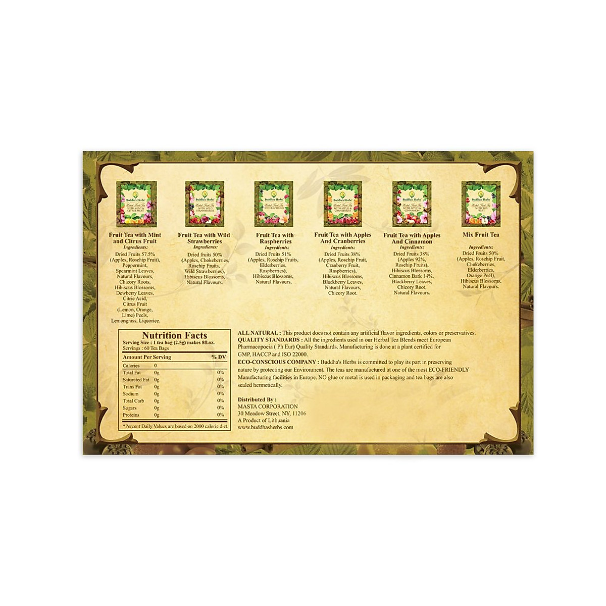 Buddha's Herbs Herbal Fruit Tea Sampler, Caffeine-Free Flavored Herbal Tea, Immune Support, 6 Exotic Blends of Organic Herbs, Perfect for Christmas and New Year Gifts, 60 Count Decaffeinated Tea Bags