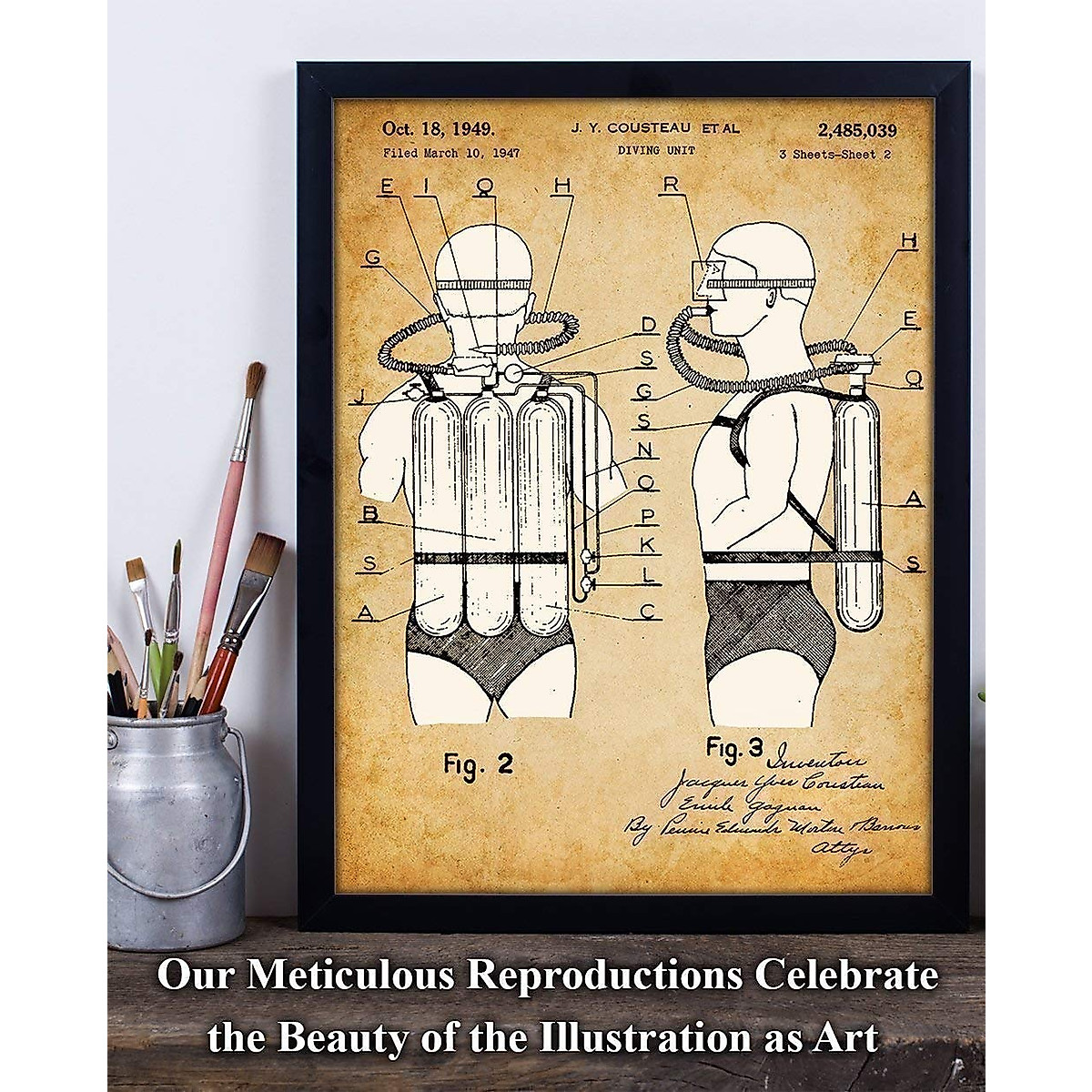 Jacques Cousteau Scuba Diving Tank Print - Great Home Beach House Wall Art, Underwater Sports Print, Marine Decorations, Great Gift for Scuba Divers, 11x14 Unframed Patent Print Poster