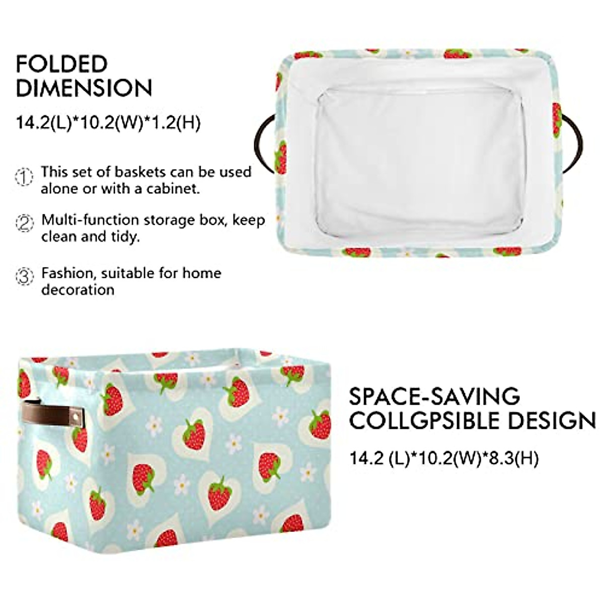 xigua Strawberry Pattern Storage Bins Foldable Fabric Storage Basket with Leather Handles for Organizing Closet, Shelves, Nursery Toy, Laundry Room (1 Pcs, 14.2" x 10.2" x 8.3")