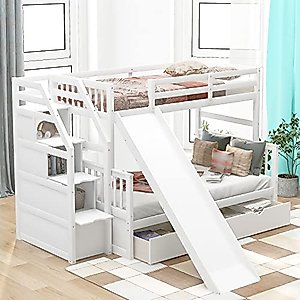 Twin Over Full Bunk Bed with 2 Drawers and Slide,Solid Wood Bunk Bed Frame with Convertible Storage Staircase for Kids, Teens Bedroom, Guest Room Furniture, No Box Spring Needed