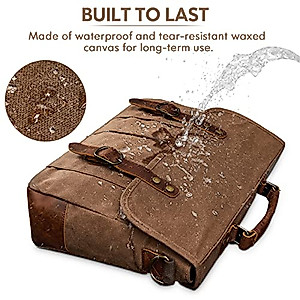 Mens Messenger Bag 15.6 Inch Waterproof Vintage Genuine Leather Waxed Canvas Briefcase Retro Office Computer Laptop Bag Large Satchel Shoulder Bag for Men Women, Brown