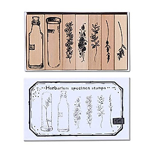 UCEC 7 Pieces Vintage Wooden Rubber Stamps, Plant and Flower Decorative Wooden Rubber Stamp Set, Wood Mounted Rubber Stamps for Card Making, DIY Crafts, Scrapbooking