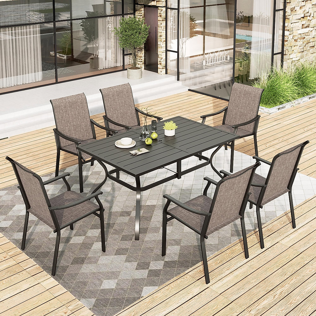 HERA'S HOUSE Outdoor Dining Set 7 Piece Patio Dining Sets, 6 Brown Textilene Chairs and 1 Rectangular Metal Dining Table, Patio Furniture Set for Deck Backyard Lawn Garden Porch