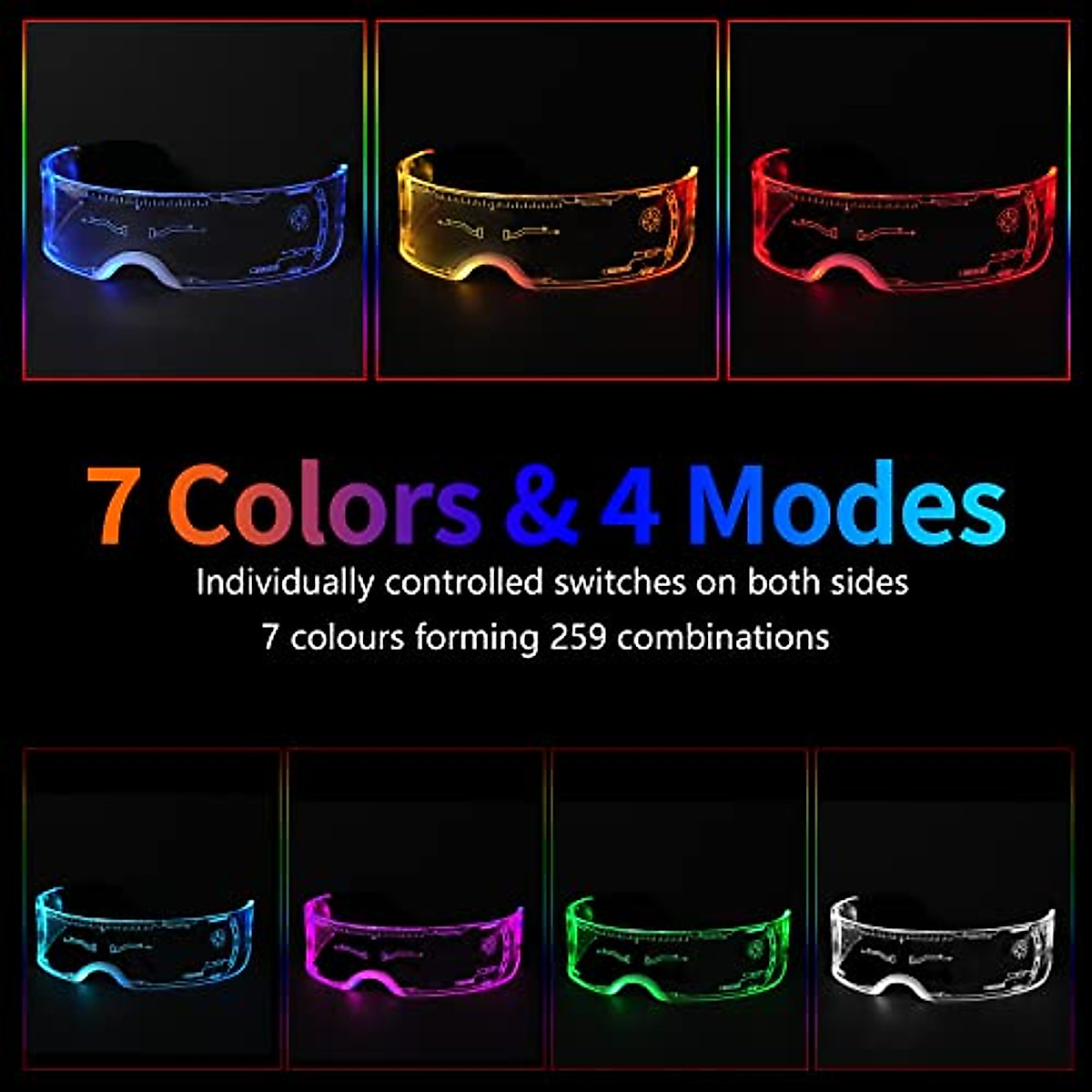 CLZFXS Led Glasses Light Up Glasses Led Visor Glasses 7 colors and 5 modes, Luminous Glasses for Halloween Cosplay Party Bar (Futuristic)