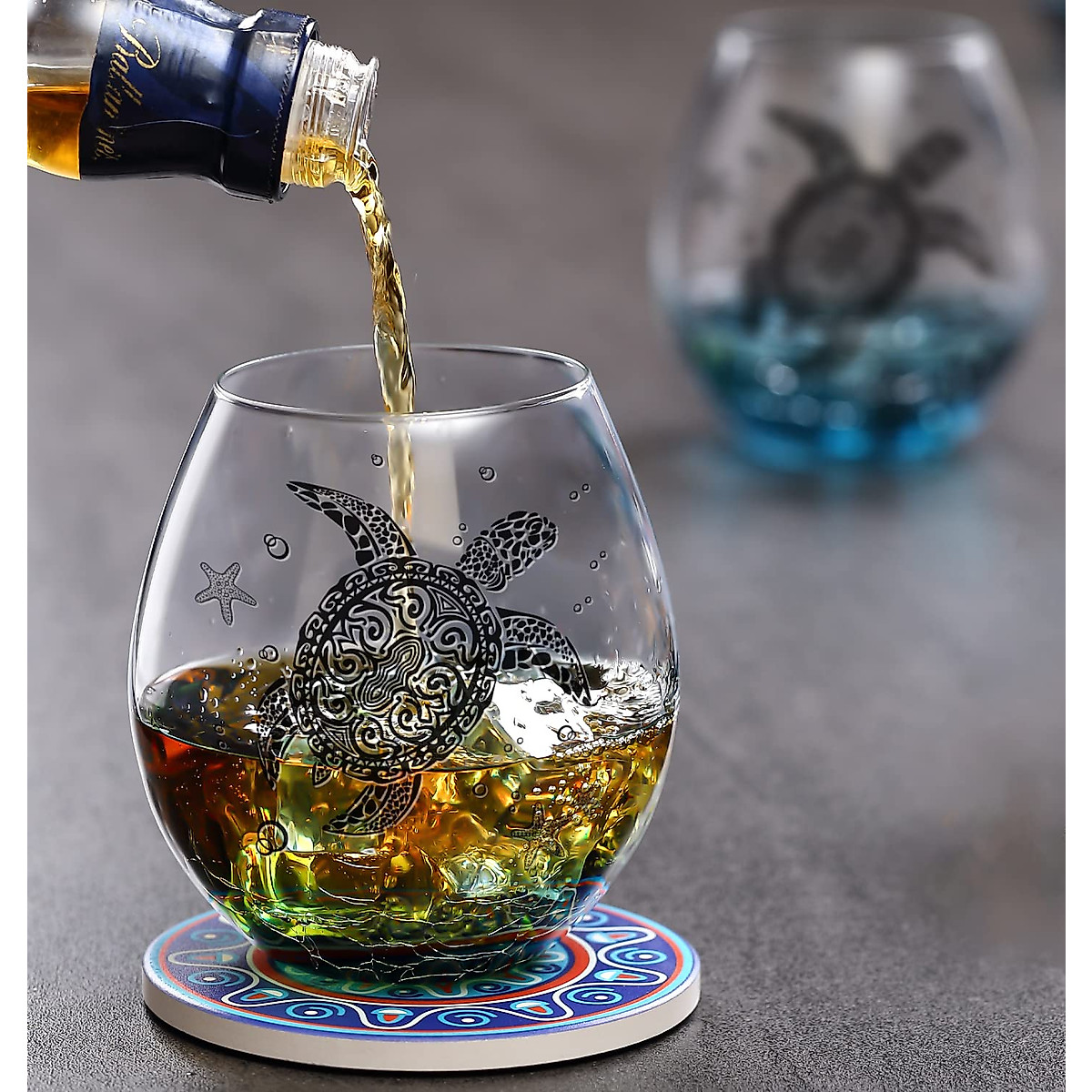 Mothers Day Gift for Women-Sea Turtle Wine Glasses - 13.3 oz Crackle Teal Design, Hand blown Tortoise Wine Tumbler,Sea Turtle Gifts for Women