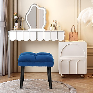 HOUCHICS Soft Vanity Stool Blue Ottoman Stool, Square Makeup Stool with Wooden Legs, Small Ottoman Stool Chair for Vanity, Modern Padded Sofa Seat Foot Rest Stool(Blue)