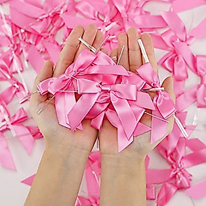 AIMUDI Hot Pink Bows 2.5" Pink Ribbon Valentine's Day Pink Twist Tie Bows Pre Tied Bows Premade Bows for Crafts Treat Bags Cake Pop Party Decorations Candy Apple Box Wedding - 50 Counts