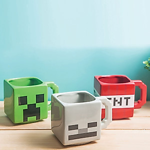 Zak Designs Minecraft Mug Unique 3D Sculpted Ceramic Coffee Cup 3 Piece Set, Collectible Keepsake Square Coffee Mugs (21oz, Creeper & Skeleton & TNT)
