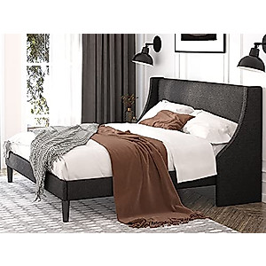 Einfach King Size Platform Bed Frame with Wingback Headboard/Fabric Upholstered Mattress Foundation with Wooden Slat Support, Dark Grey